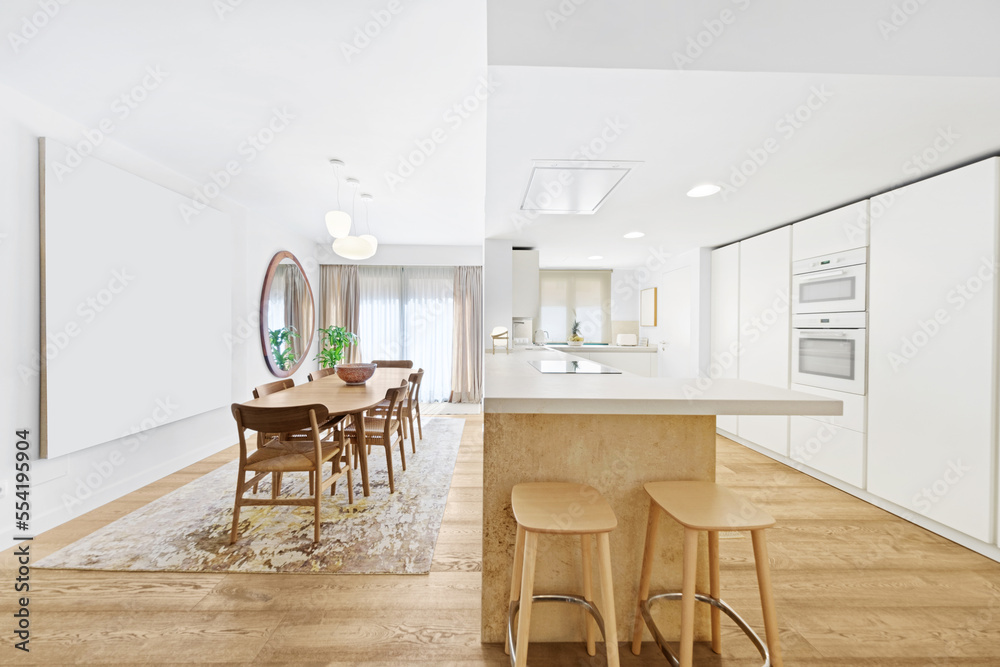 Interior of spacious open plan kitchen with bar counter and white ...