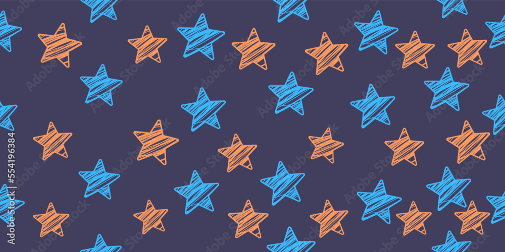 Vetor de Blue and orange stars drawn and scribbled. Children's drawing ...