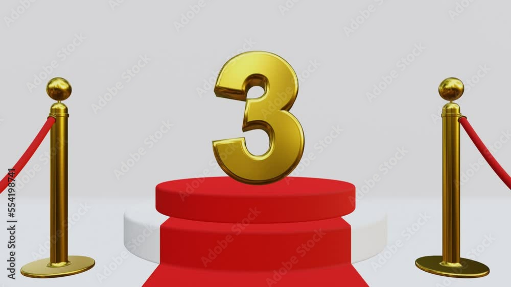3D animation of number three on Red carpet with Golden rope barriers ...