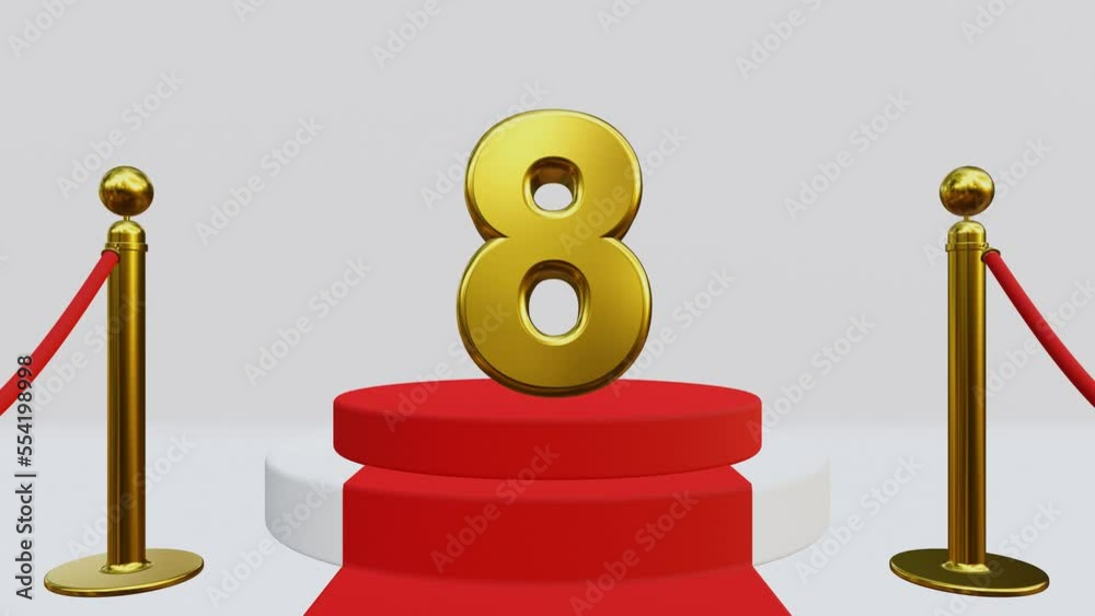 3D animation of number eight on Red carpet with Golden rope barriers ...