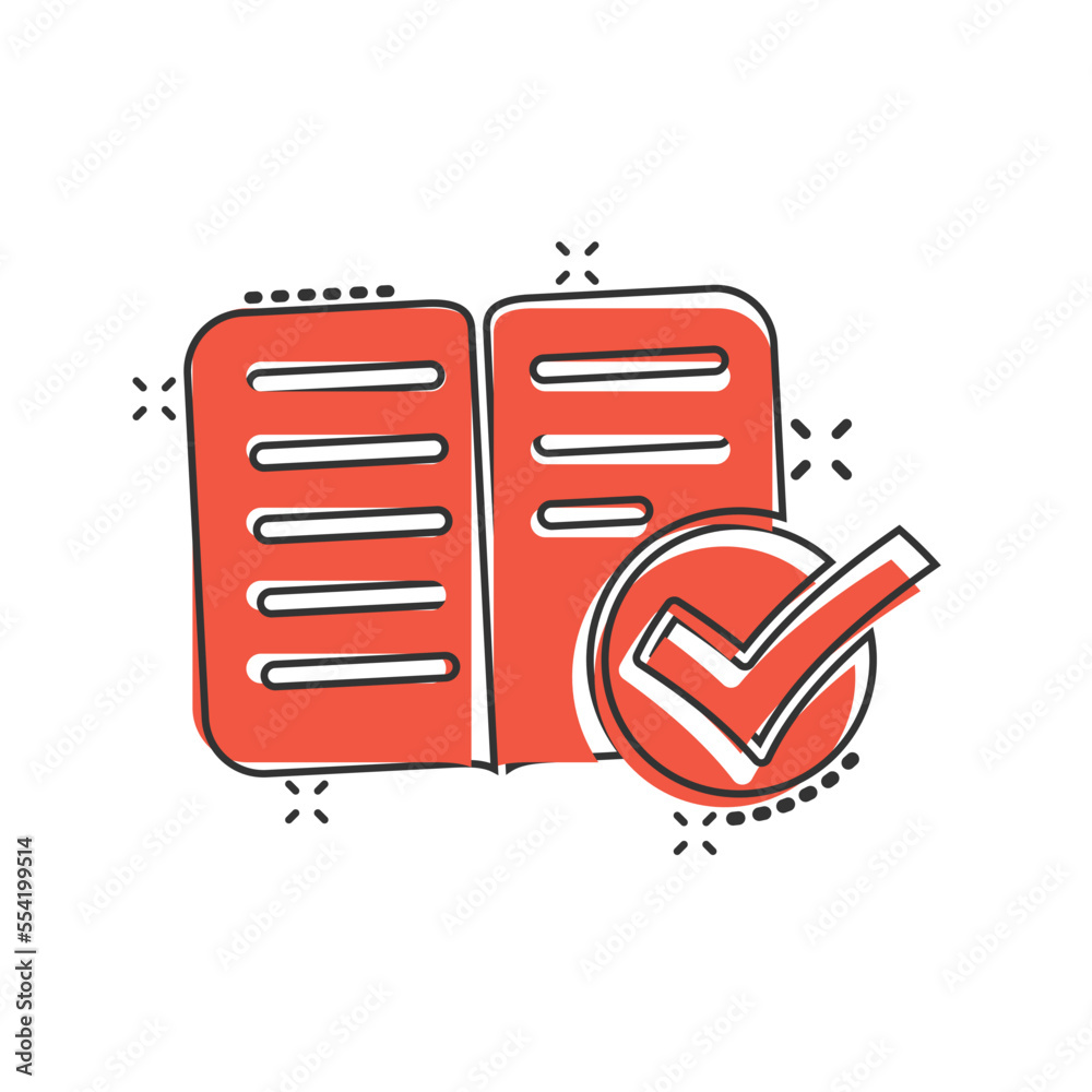 Book check mark icon in comic style. Bookmark approval cartoon vector ...