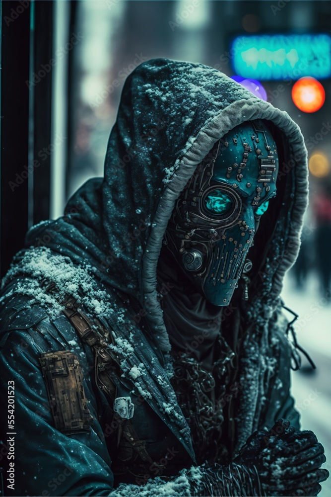 cyborg in winter with a fur jacket and gas mask, fictional person made ...
