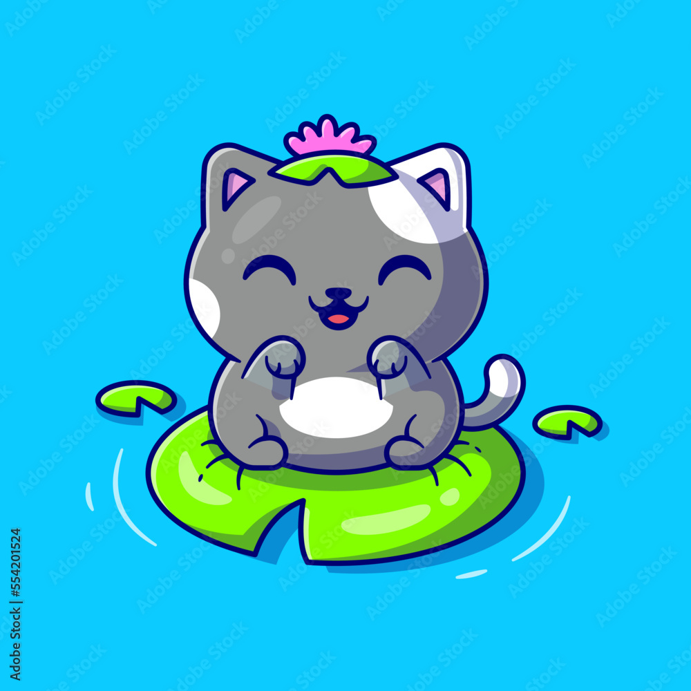 Cute Cat Sitting On Leaf Cartoon Vector Icon Illustration. Animal ...
