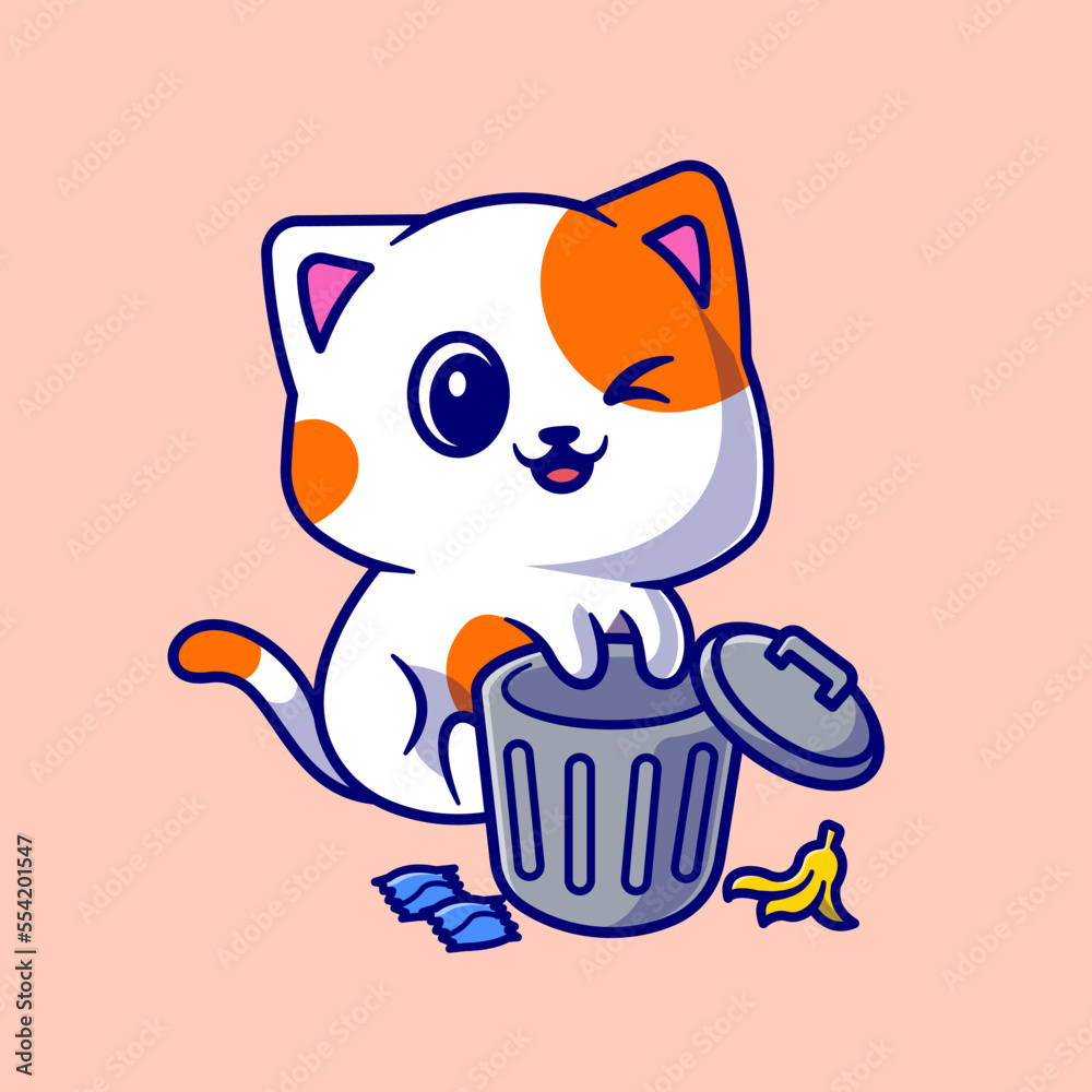 Cute Cat Playing On Rubbish Bin Cartoon Vector Icon#N#Illustration ...