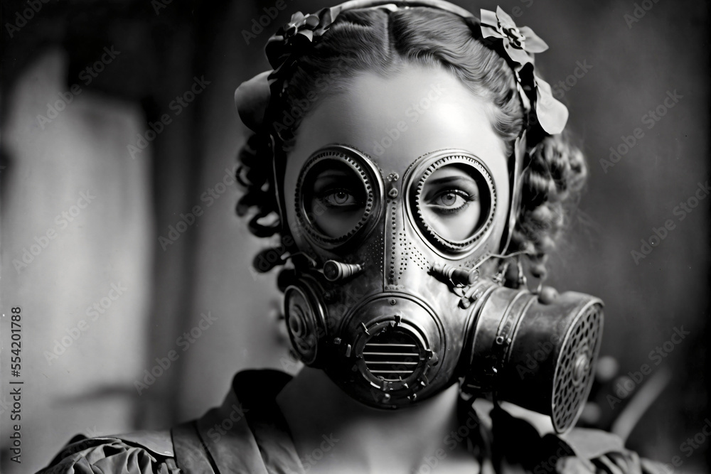 Woman in gas mask black and white portrait,fictional person made with ...
