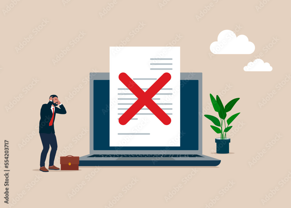 Confused businessman. Bad survey score on laptop, internet failure idea ...