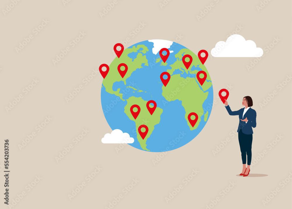 Businesswoman put new branch pin on world map across globe. Global ...