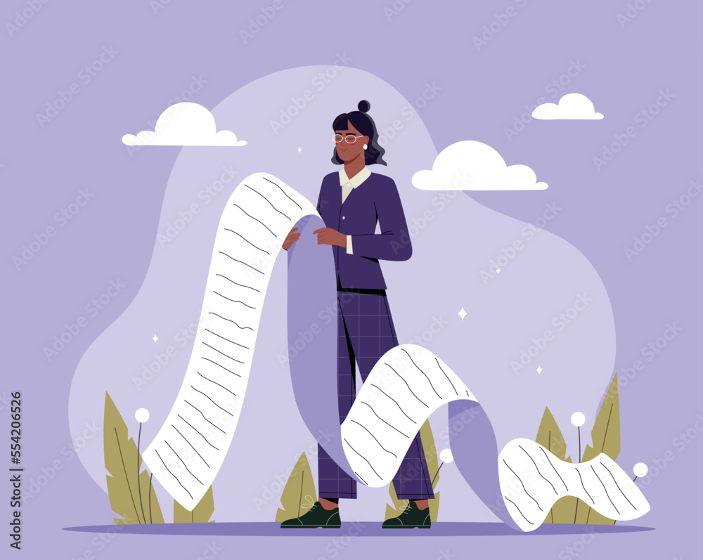 Businesswoman with checklist. Young girl writes down tasks, time ...