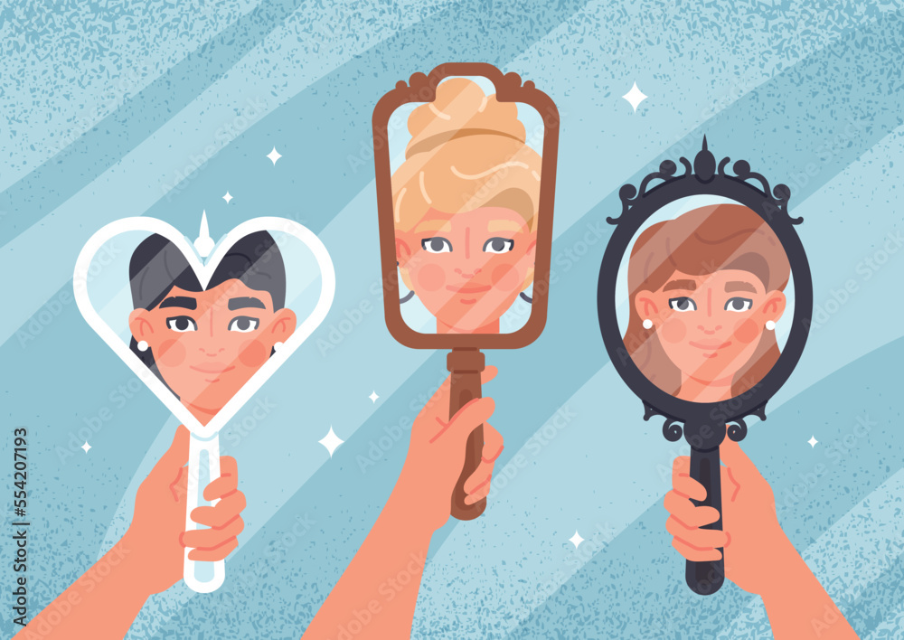 Different women in mirror. Beauty and self acceptance, positive ...