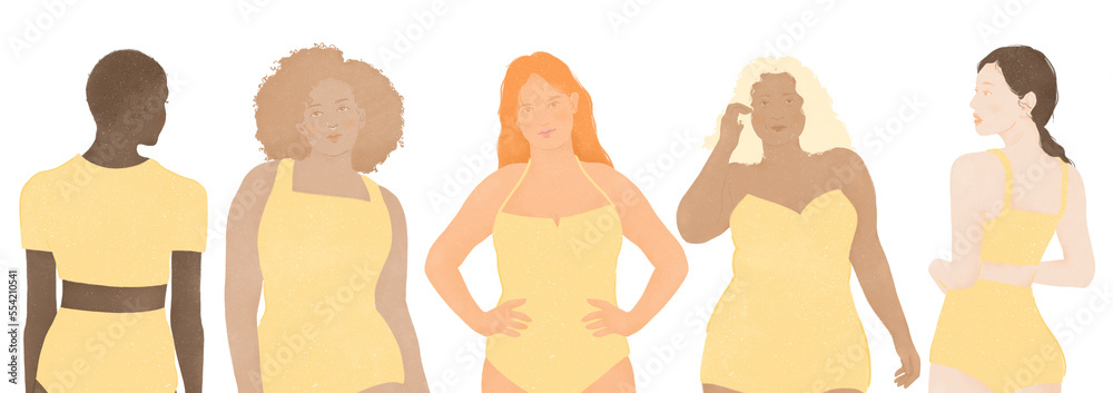 a group of five multi ethnic mixed body shape mixed age women in ...