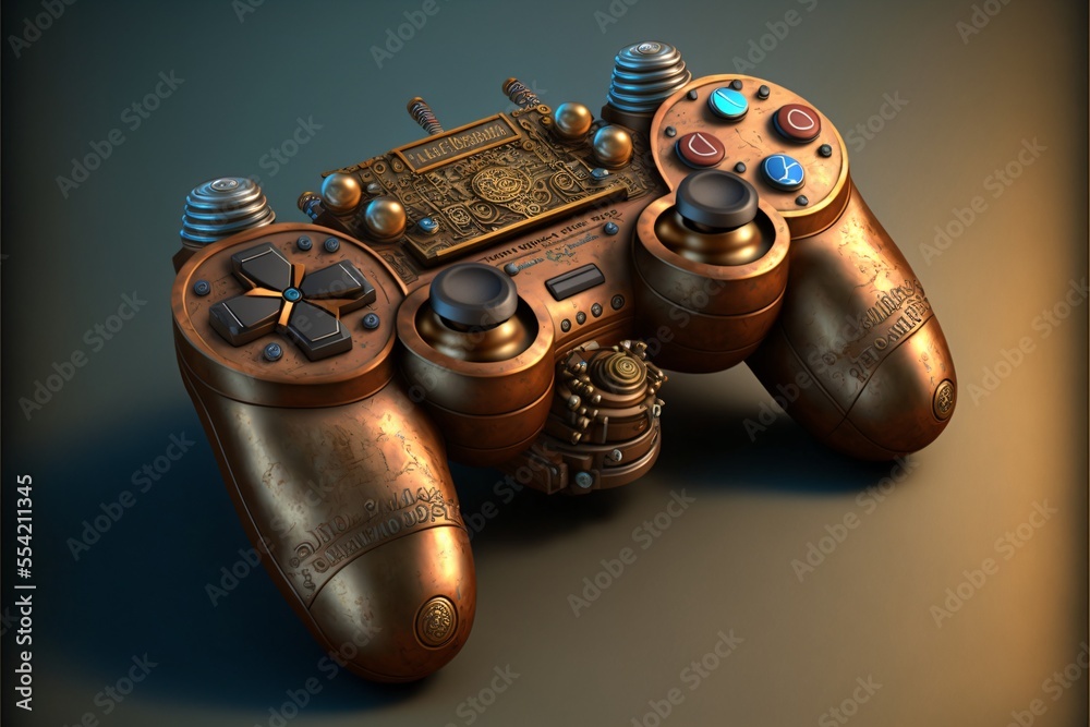 vintage metal controller with golden detailed isolated on clean dark ...
