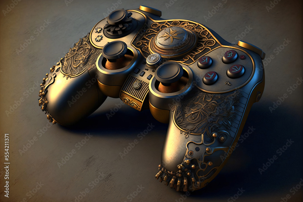 vintage metal controller with golden detailed isolated on clean dark ...