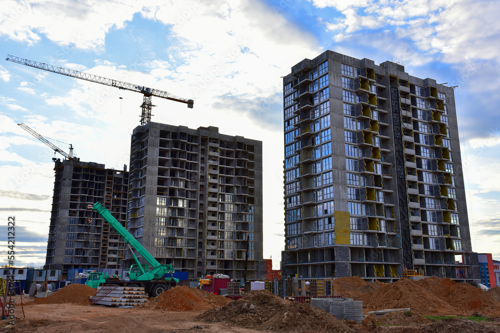 Mobile auto crane at construction site. Truck crane on building ...