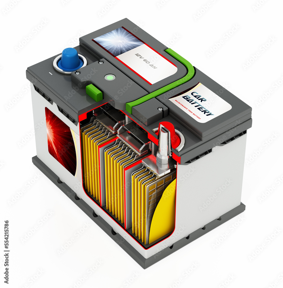3D illlustration of a generic car battery showing a portion of the ...