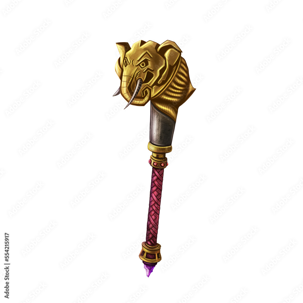 Staff with an elephant with steel on an isolated white background. 3d ...