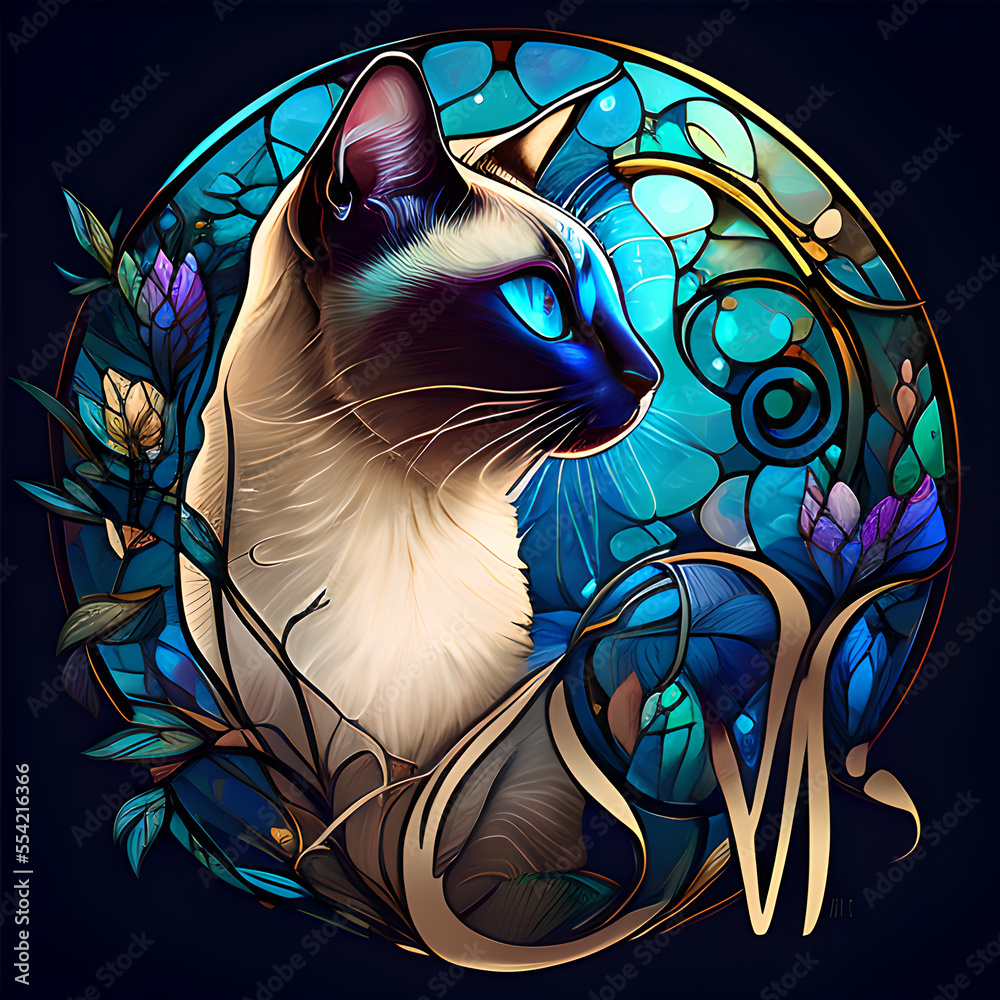 AI-generated illustration of a Siamese cat in a stained glass/mosaic ...