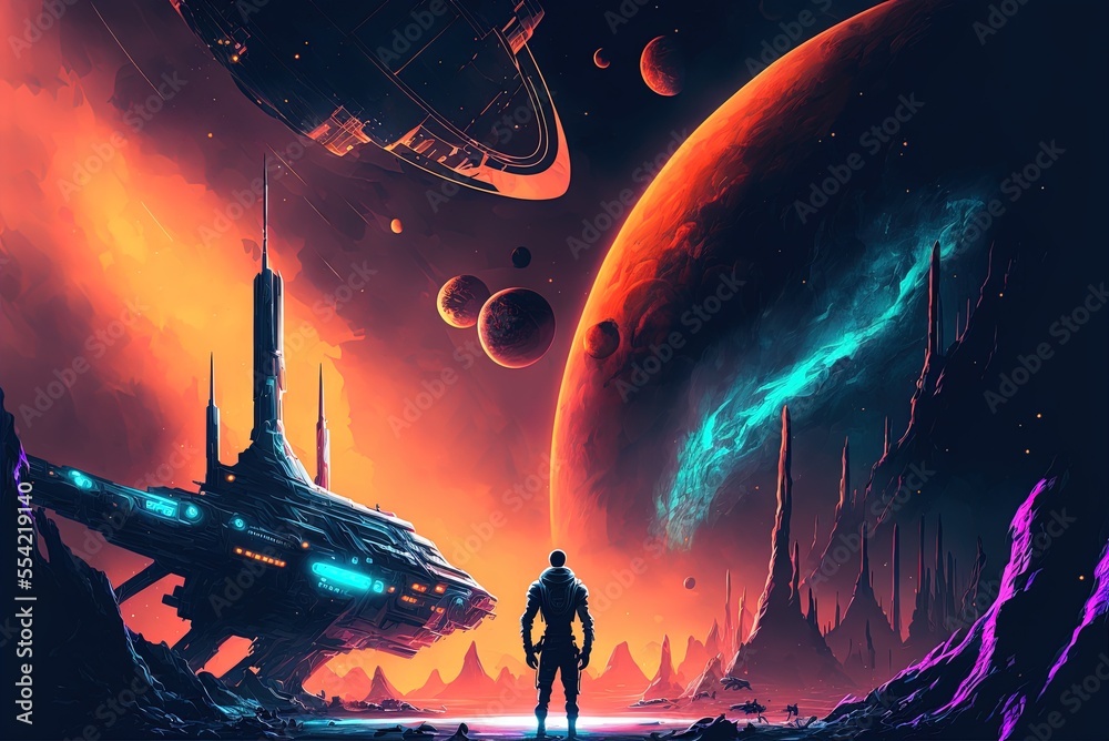 Illustration of a sci fi space game set against a background of a ...