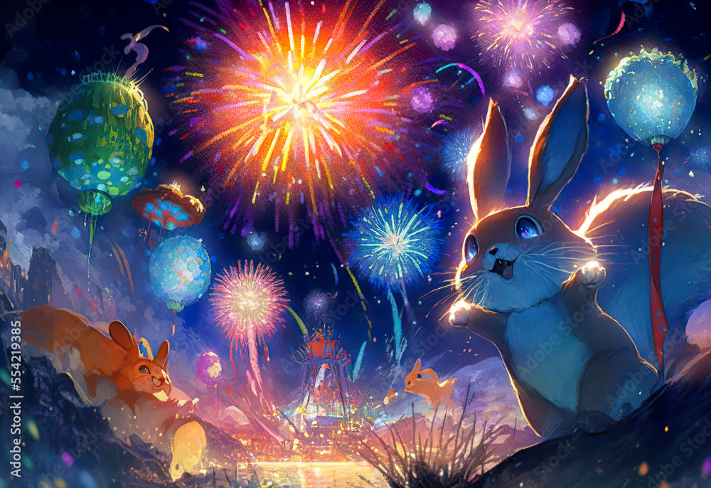 Happy Lunar New Year, chinese new year, astrology, animé style, rabbit ...