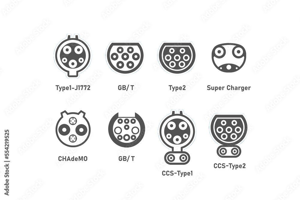 Type of EV electric vehicle charger plugs or sockets, Retro sticker ...