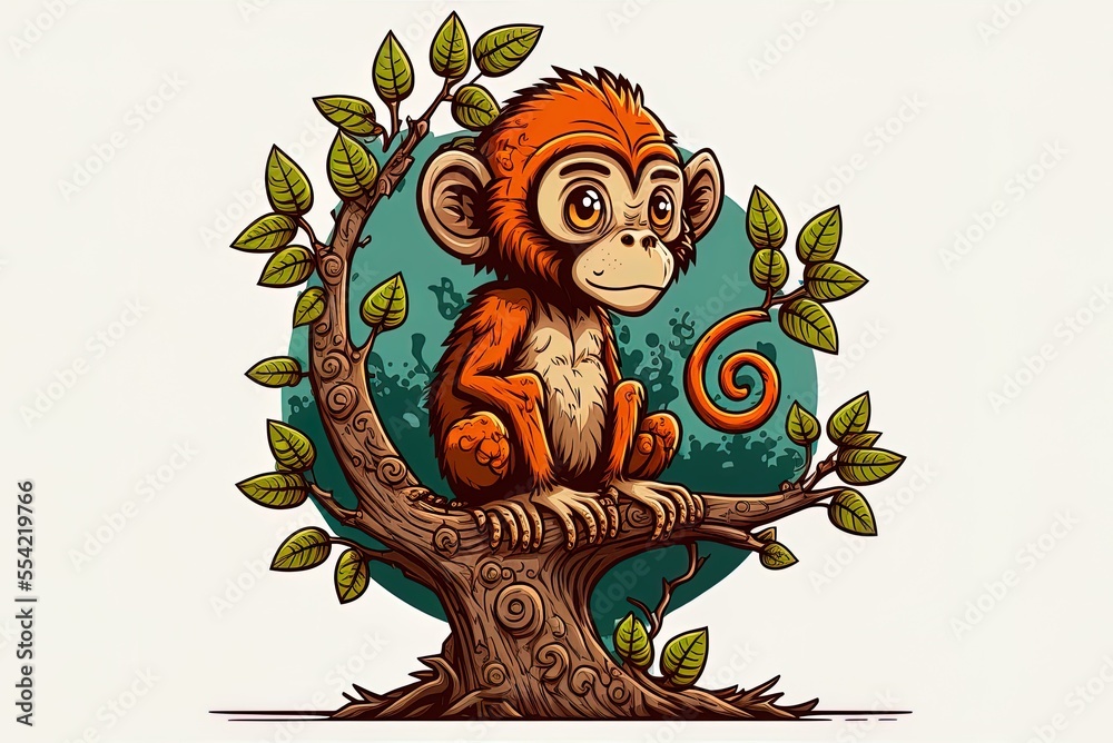 Cartoon icon artwork of a monkey on a tree, representing the concept of ...