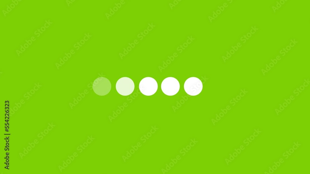 Five white dot Progress loading bar UI indicator animation on Green screen. Meatball Menu Color ...