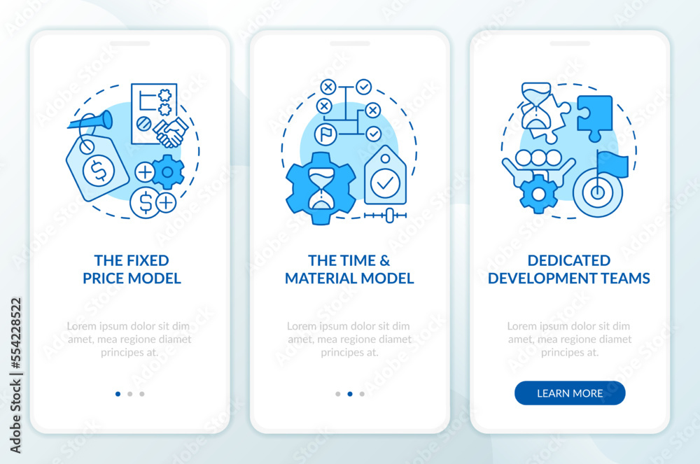 Outsourcing Contracts Types Blue Onboarding Mobile App Screen Walkthrough 3 Steps Editable