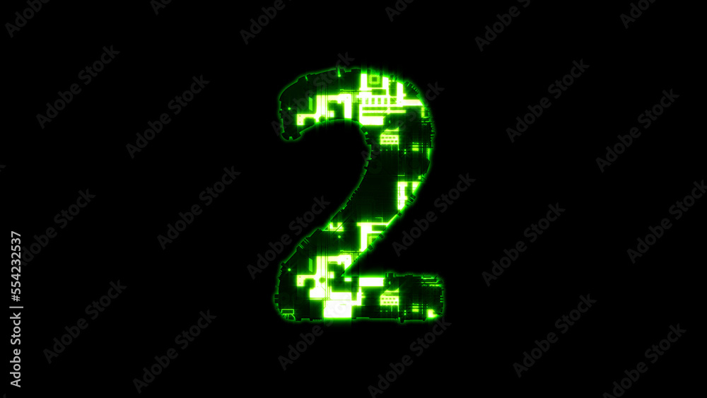 number 2, lighting high tech digital cyberpunk green font on black ...