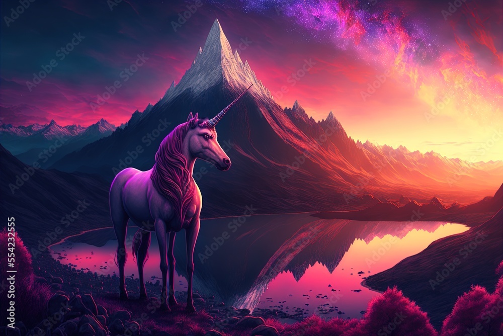 Unicorn in 3D fantasy setting, with mountains and a purple sunset sky ...