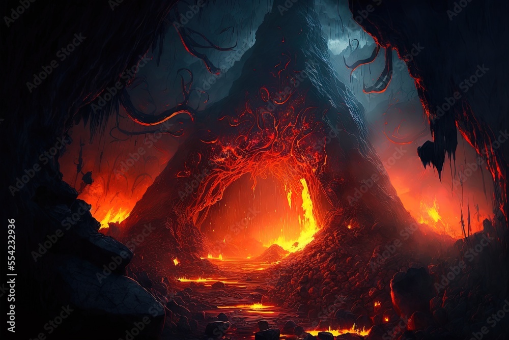 Underground hellish scorching cave volcano hell. Generative AI Stock ...