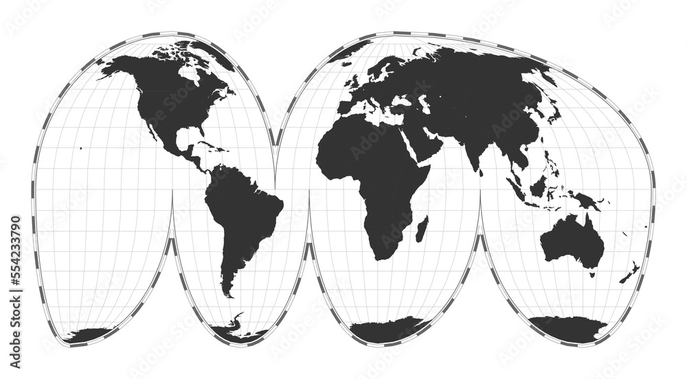 Vector world map. Goode's interrupted Mollweide projection. Plan world ...