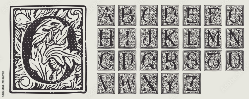 Alphabet set of drop caps in engraved medieval style. Stock Vector ...