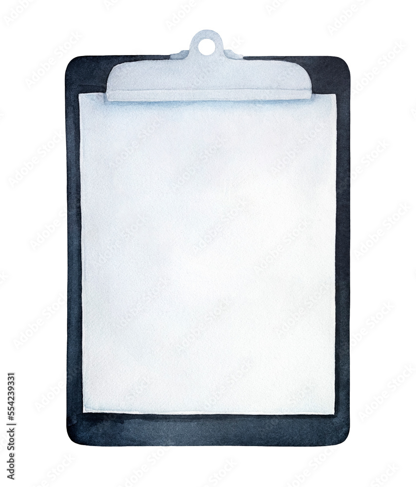 Watercolour illustration of black modern clipboard with blank white ...