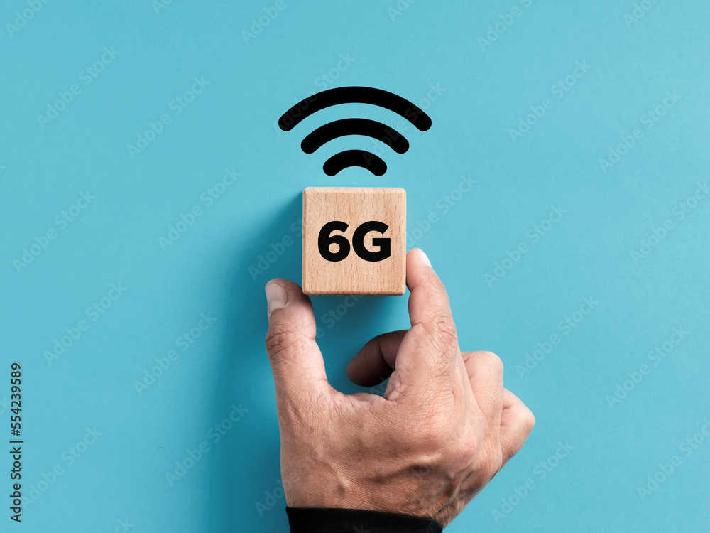 6G communication technology and connection speed concept. Hand places ...