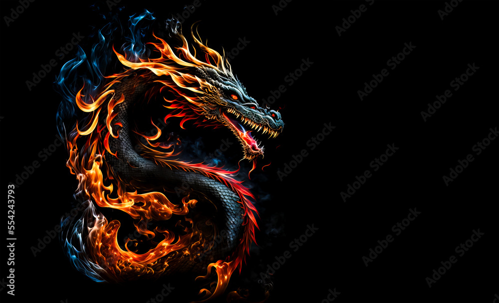 Fire dragon head on a black background. Generative AI Illistration of ...