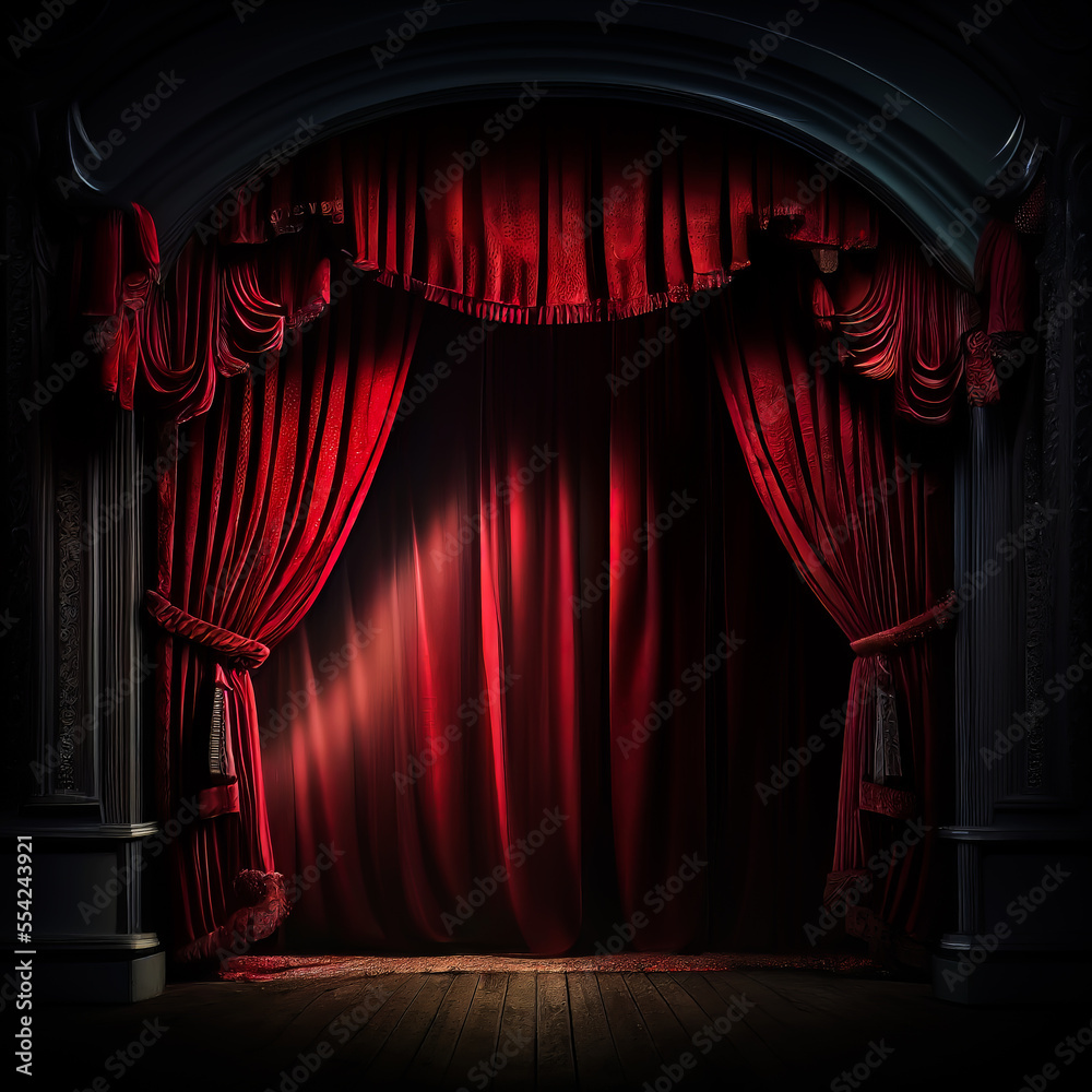 Red velvet curtain with light on wooden floor on a stage. Generative AI ...