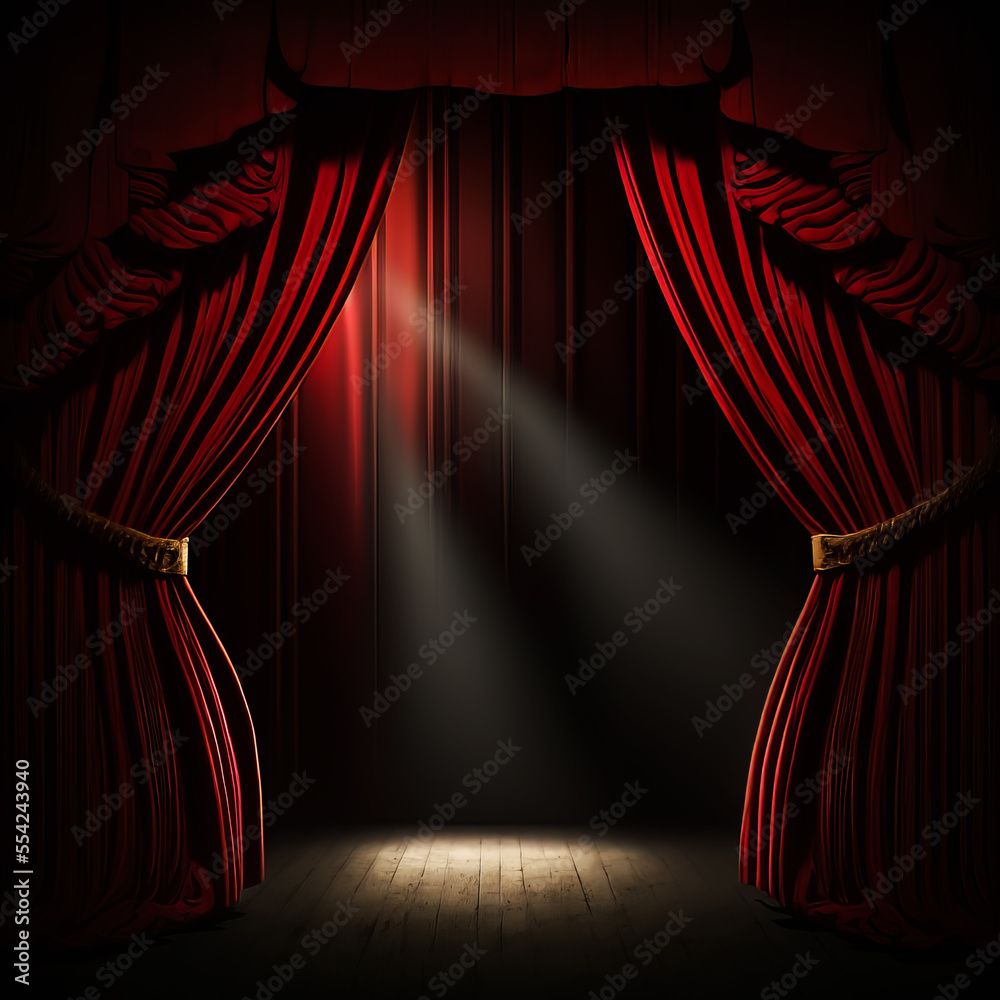 Red velvet curtain with light on wooden floor on a stage. Generative AI ...