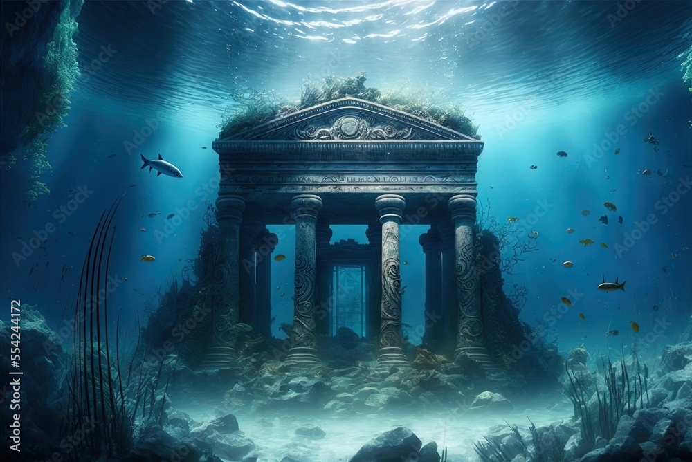 Submerged in the sea, a prehistoric temple with a stone altar ...