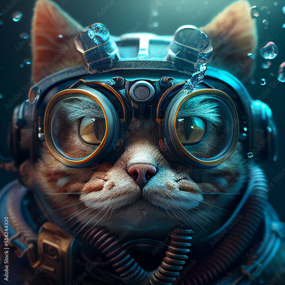 Cat scuba diver with mask underwater. Art with cat generated by AI ...