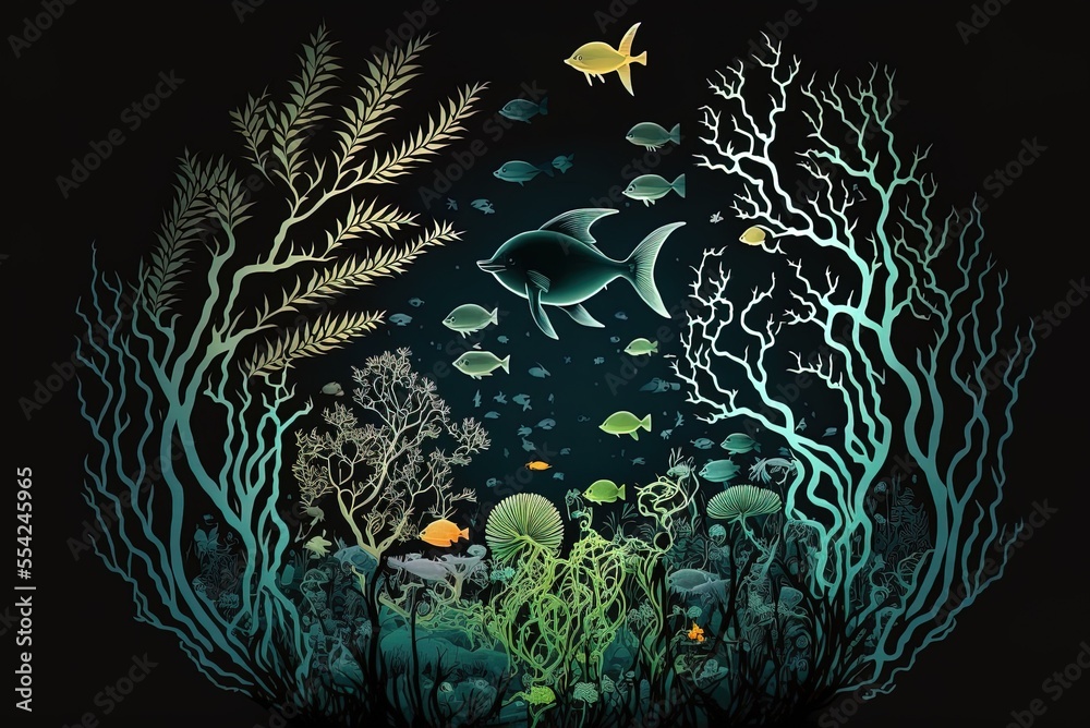 Wild life in the deep sea. species of plants and fish that live quite ...