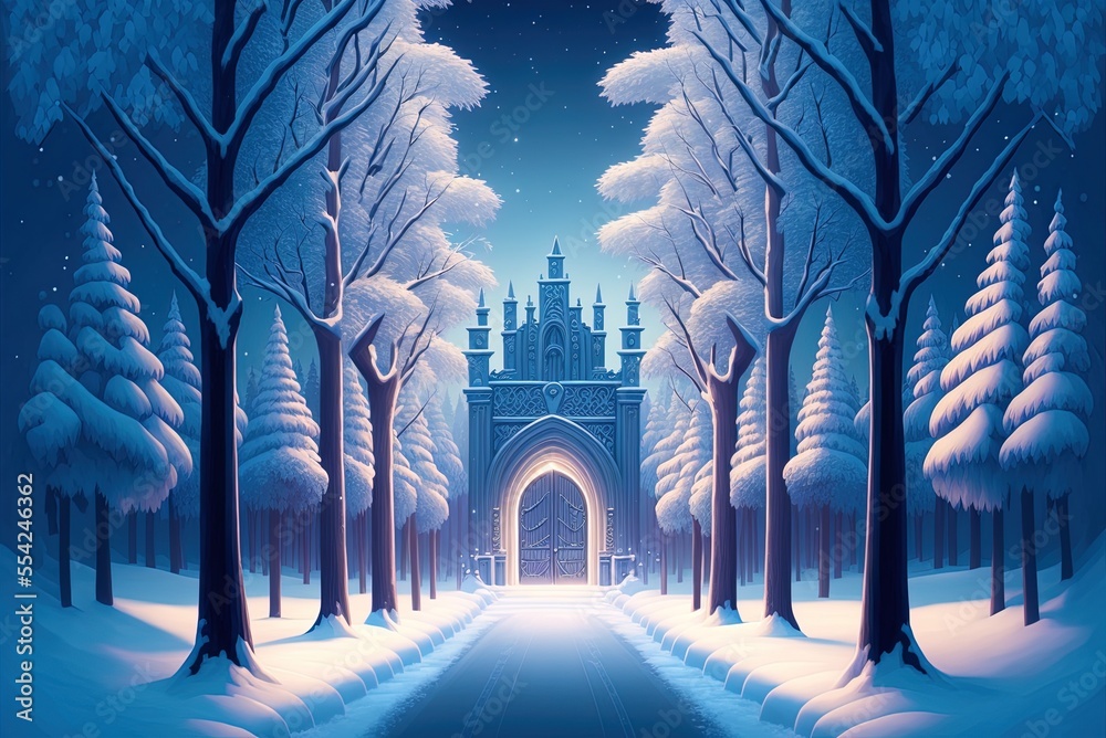 Winter landscape with snow trees, a road, and a spectacular gateway ...