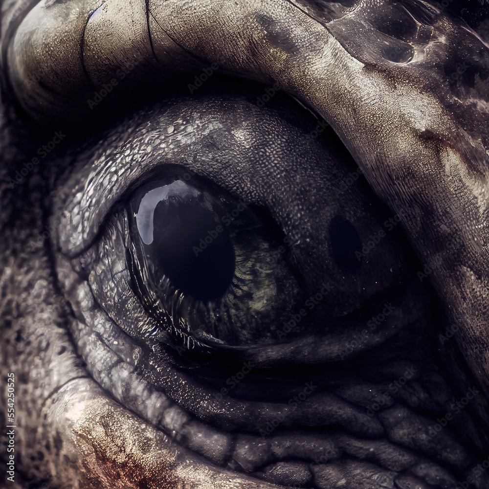 Close-up of the creepy eye of a huge monster. The eye of a dinosaur or ...