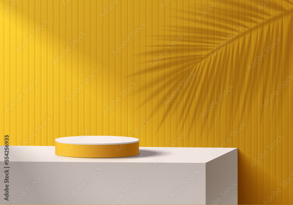 3D yellow background with realistic cylinder pedestal podium on white ...