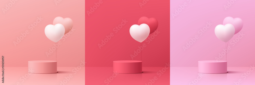 Set of 3D valentine day background with pink, red, white realistic ...