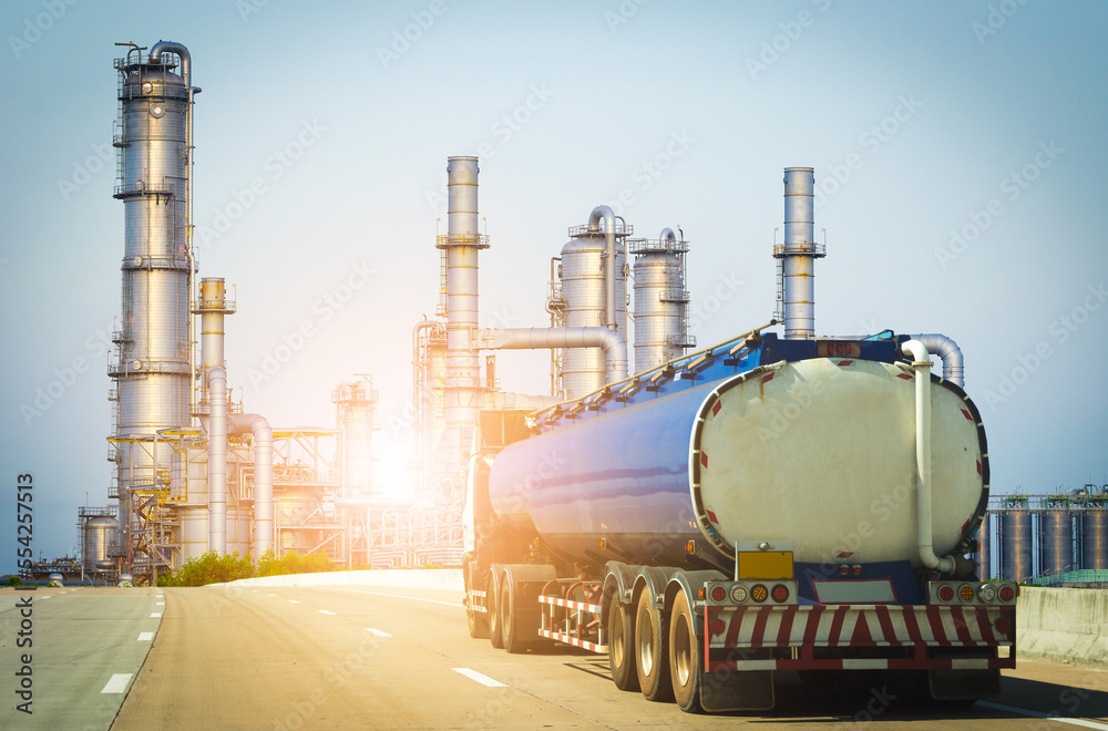 Transport oil by truck at oil refinery, petroleum , petrochemical Stock ...