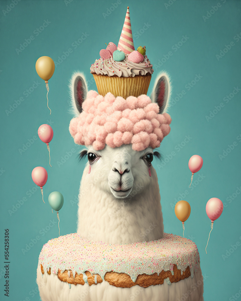 Happy birthday llama wearing a cake and party hat on its head ...