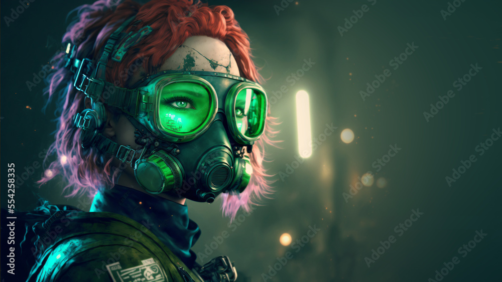 Digital illustration of cyberpunk girl red hair in futuristic gas mask ...