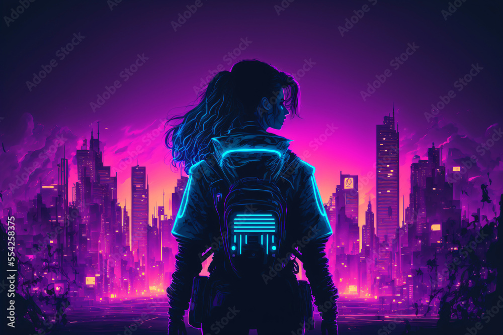 science fiction scenery, young girl with a backpack on the roof in a ...