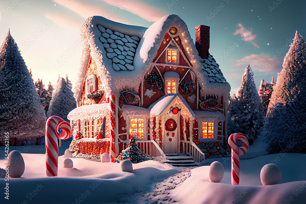 ภาพประกอบสต็อก Beautiful fairy tale gingerbread house with lights in ...