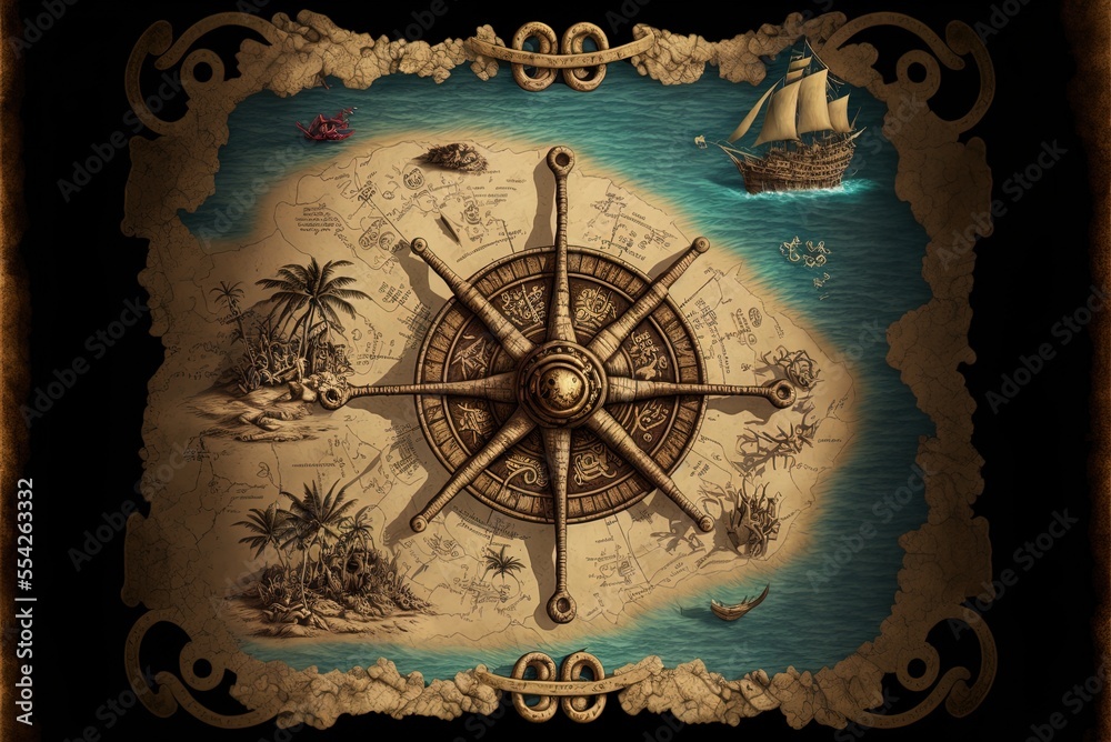 Pirate themed loot Pirate's treasure map showing ship's wheel and ...
