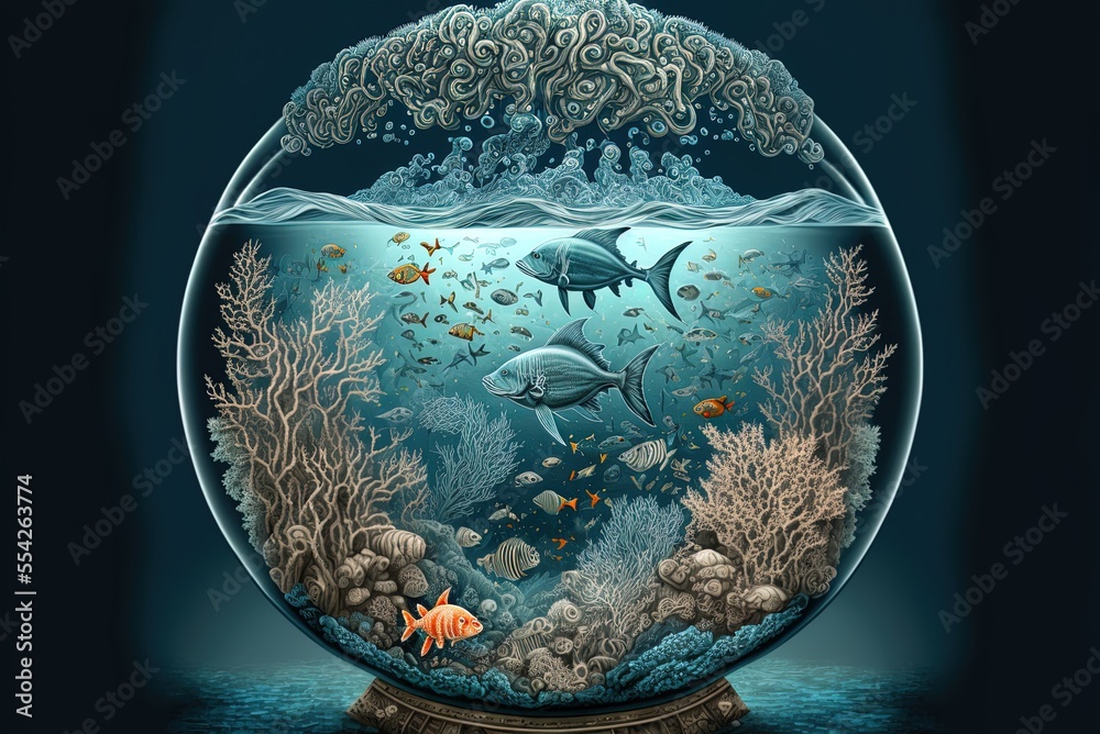 Oceanic globe drawing with emphasis on the deep water. Marine life and ...